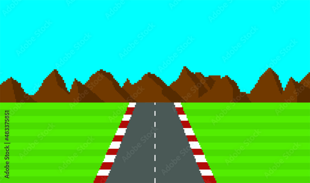 retro game vector background, classic road with mountain and grass ...