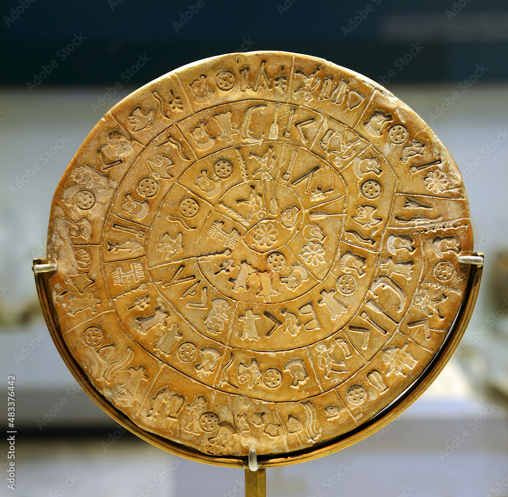 The Phaistos disk (sideA), disk of fired clay from the Minoan palace of ...