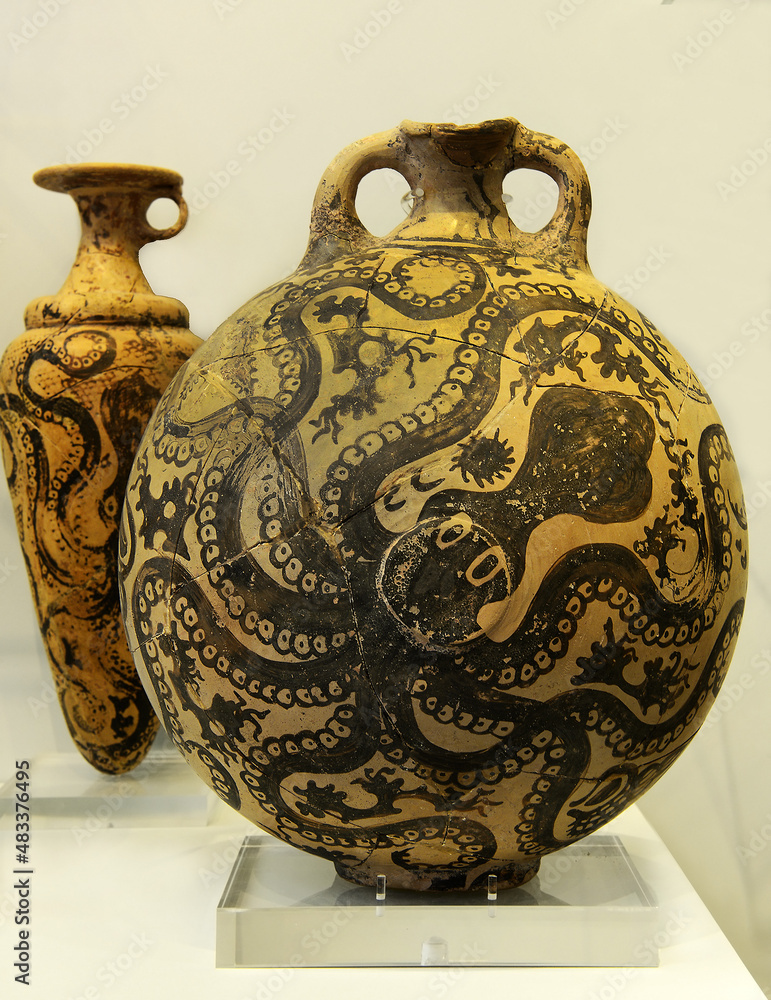 Clay vessels decorated with octopus and dolphins. Heraklion ...