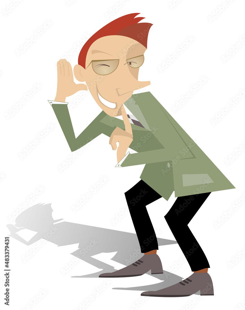 Cartoon eavesdropping man illustration. Funny young man overhears like ...