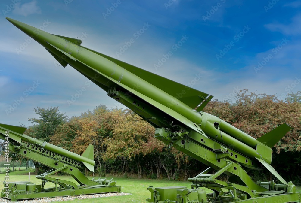 Long range missiles on the launch ramp ready to fire towards enemy ...