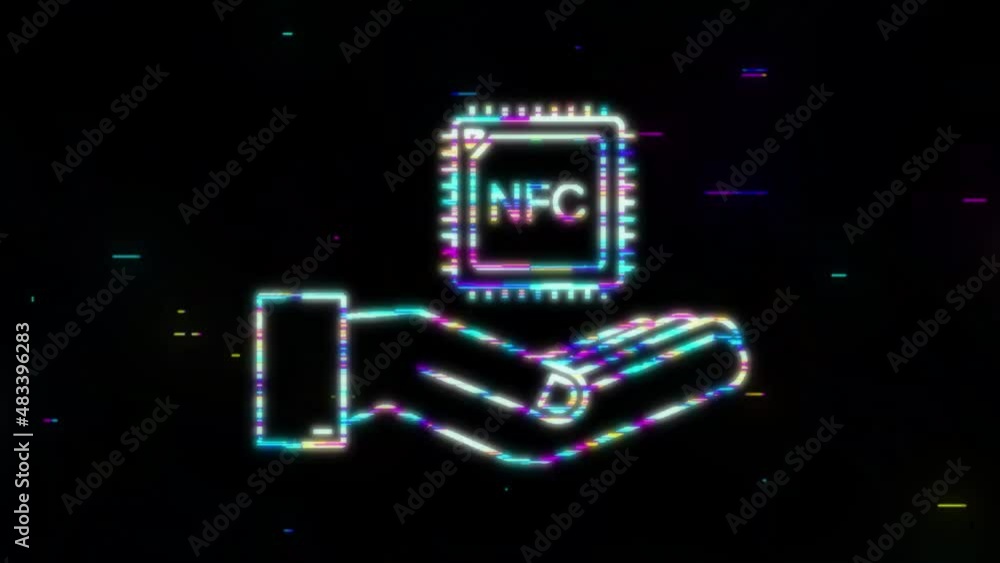 Glitch NFC processor icon with hands. NFC chip. Near field ...