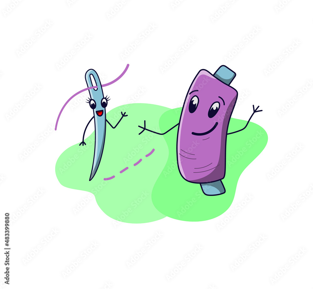 Cheerful needle and spool of thread in cartoon style on a green ...