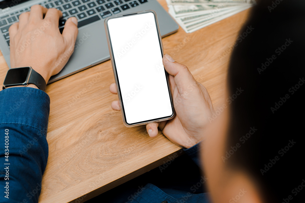 Blank mockup, white screen, mobile phone.men holding text messages ...