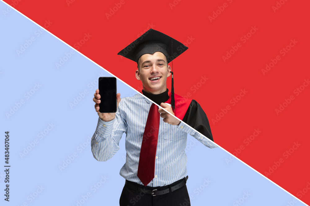 Half-face collage. Portraits of businessman and young boy, graduate ...