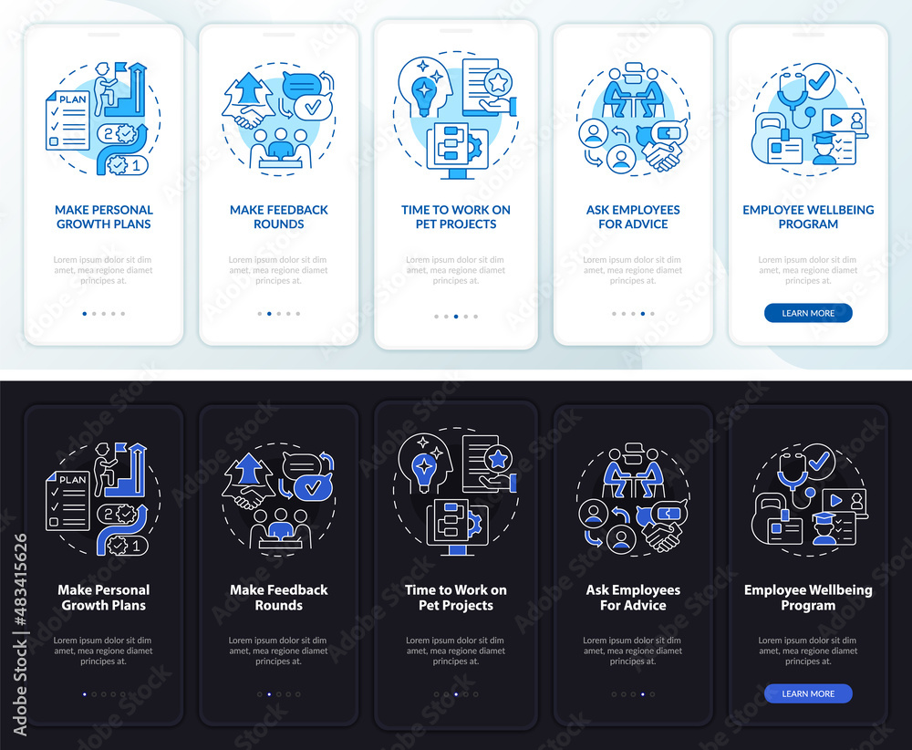 Employee stimulation night and day mode onboarding mobile app screen ...