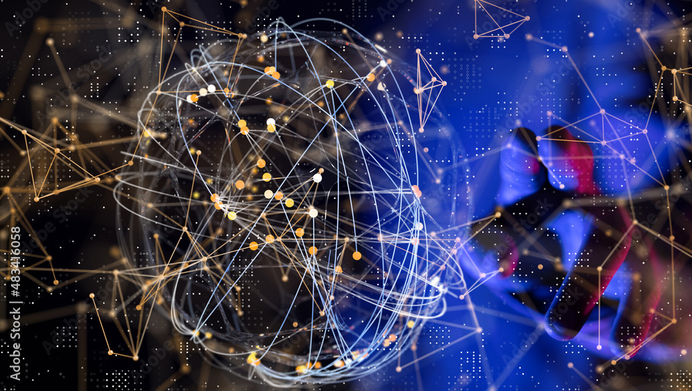 Global network. Blockchain. 3D illustration. Neural networks and ...