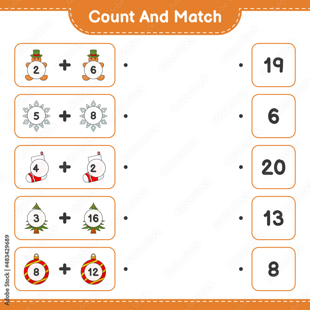 Count and match, count the number of Gingerbread Man, Tree, Sock ...