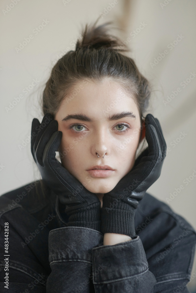 Gorgeous young woman. European model. Stylish look. Large lips and eyes ...