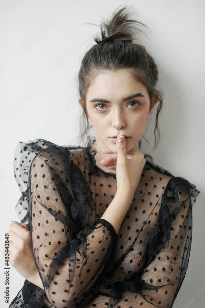 Gorgeous young woman. European model. Stylish look. Large lips and eyes ...