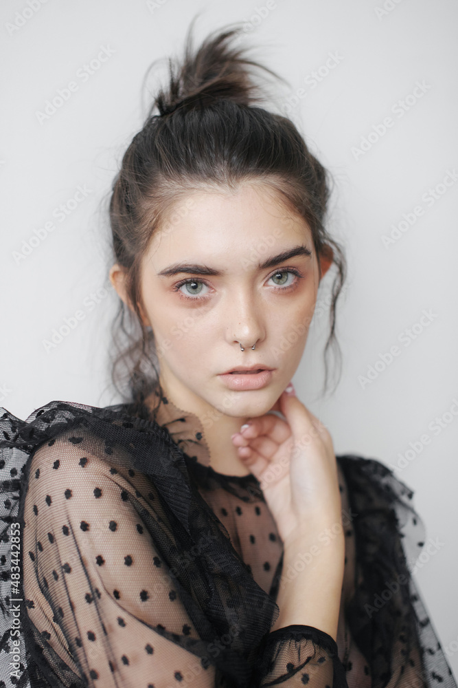 Gorgeous young woman. European model. Stylish look. Large lips and eyes ...