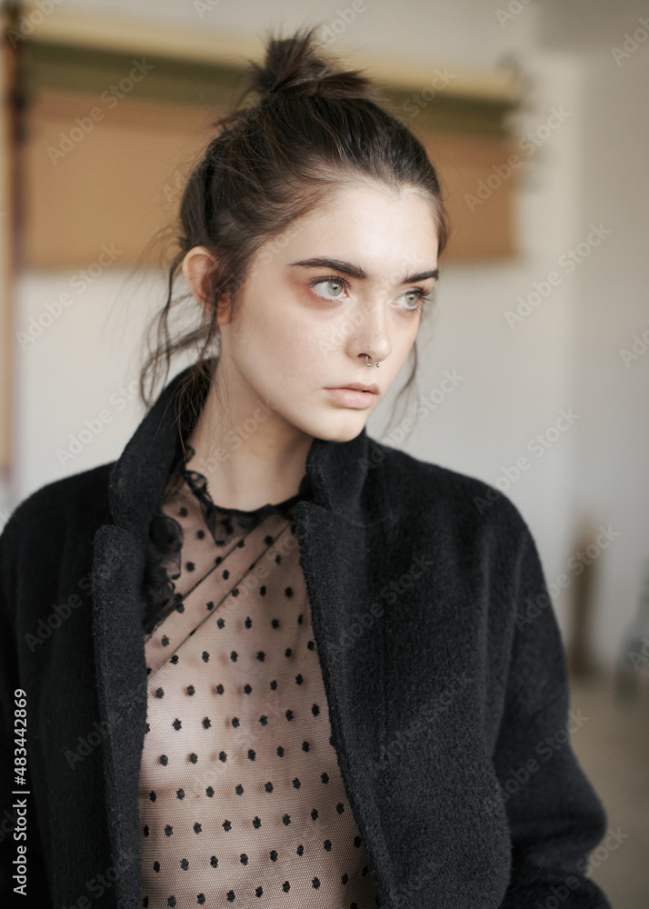 Gorgeous young woman. European model. Stylish look. Large lips and eyes ...