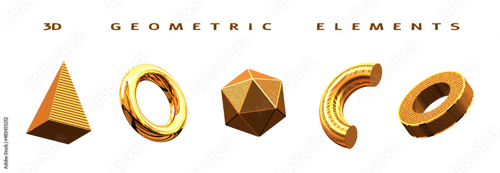 3d gold geometric shapes. Realistic festive objects, torus, cone ...