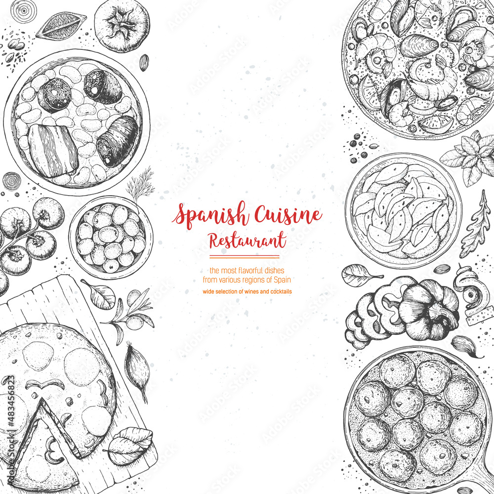 Spanish Cuisine Top View A Set Of Spanish Dishes With Albondigas spanish-cuisine-top-view-a-set-of-spanish-dishes-with-albondigas