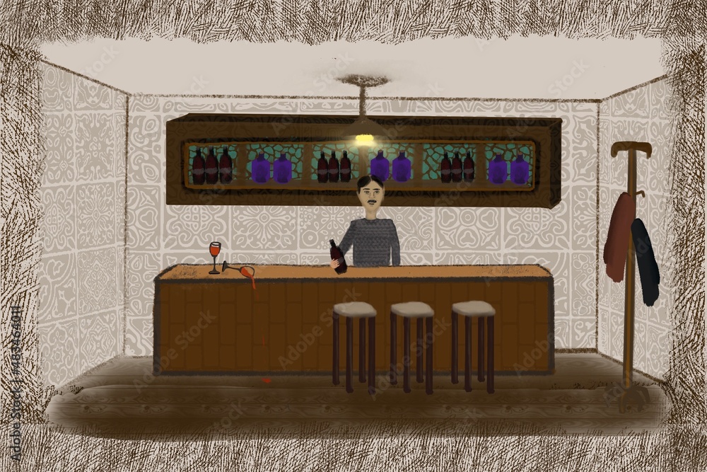 Illustration of barmen standing behind bar stand or counter. Design for ...
