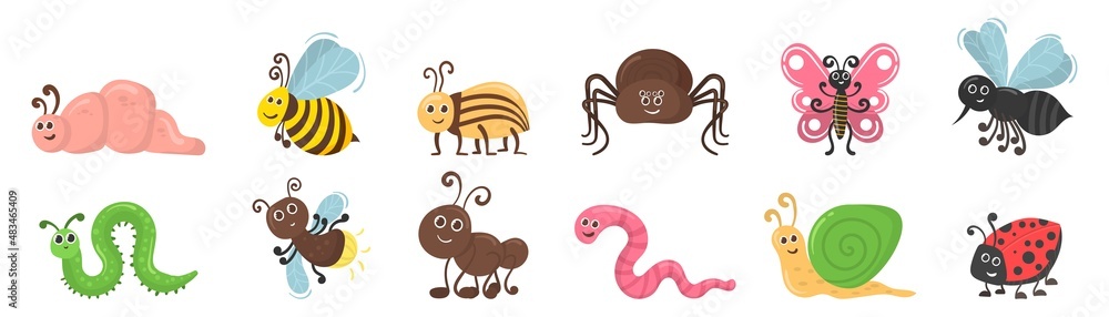 Cute insect characters, bug worm, beetle flat. Stock Vector | Adobe Stock