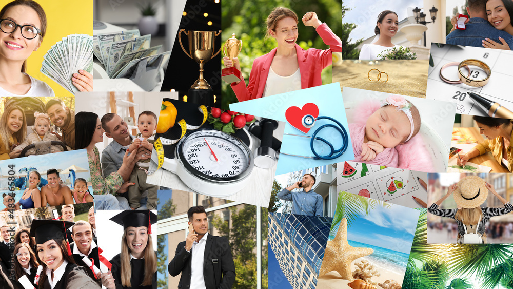 Vision board design. Collage with different photos representing dreams ...
