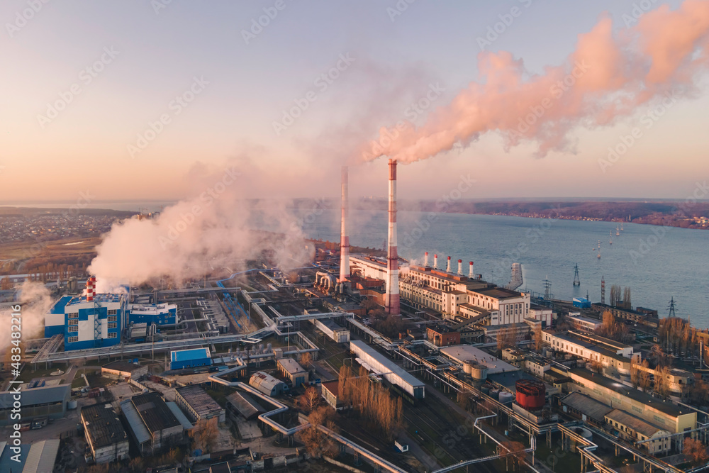 Industrial factory smokestack emission carbon gases and in atmosphere ...