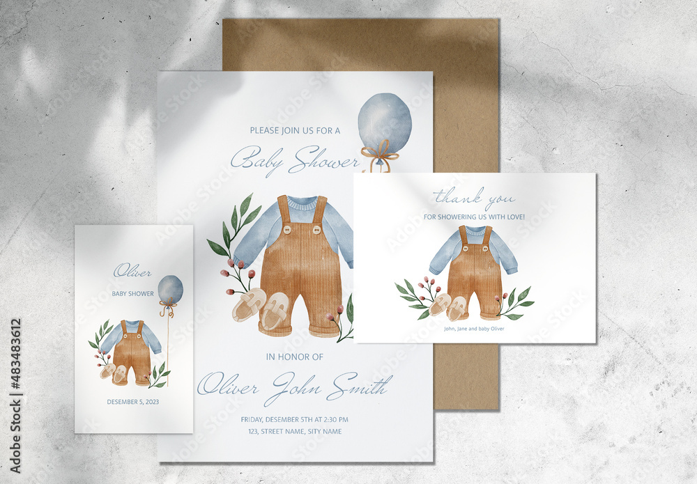 Baby Shower Cards Set with Watercolor Illustrations Stock Template ...