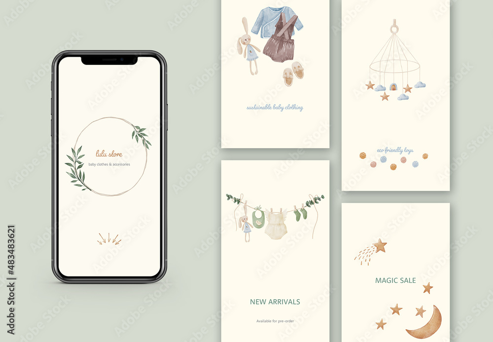 Baby Clothing Store Stories Layouts with Watercolor Illustrations Stock ...
