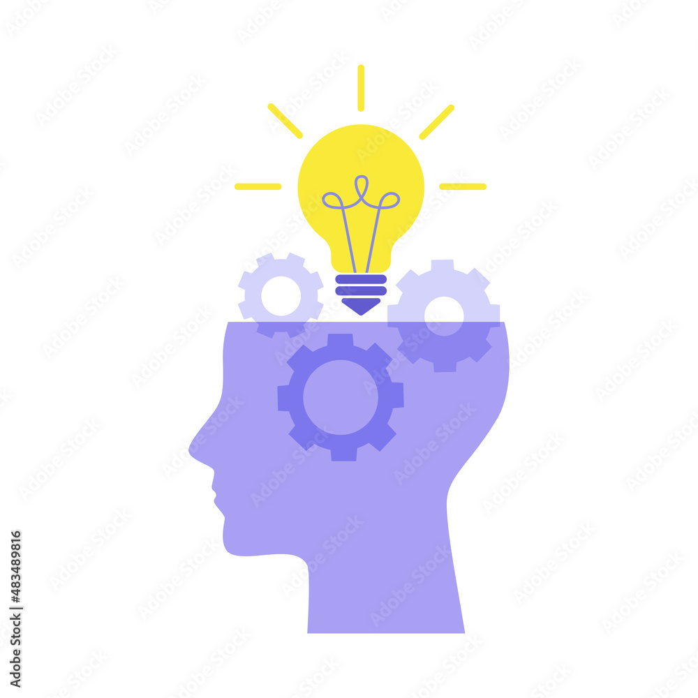 Profile human head thinking with bulb lamp and gear. Symbol creativity ...