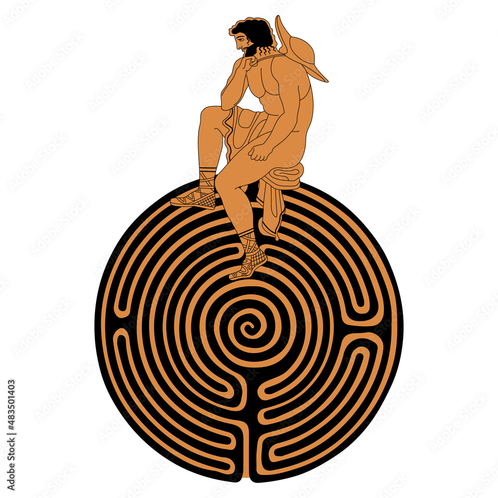 Ancient Greek man sitting on top of a round spiral maze or labyrinth ...