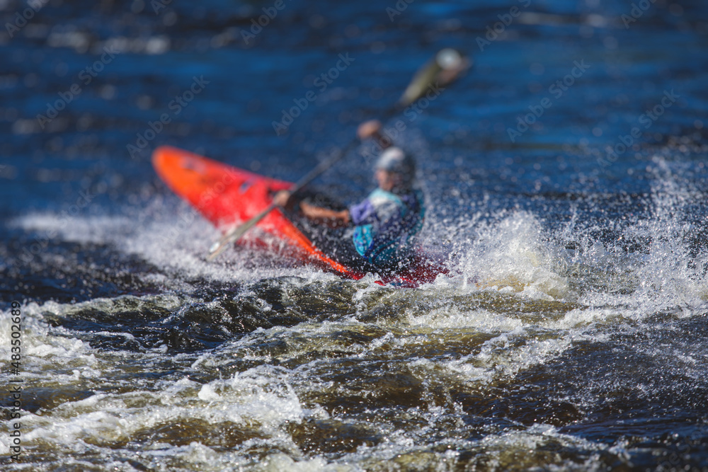 Kayak slalom canoe race in white water rapid river, process of kayaking ...