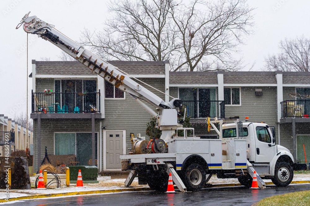 truck crane power line repair energy job cable voltage Stock Photo ...