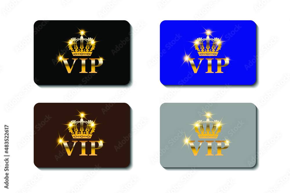 VIP card template. Four cards of different colors black, blue gray and ...