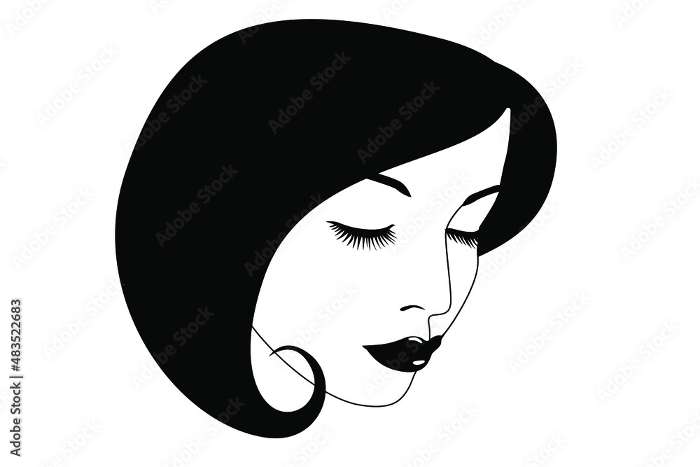 Young woman side face with long hair, girl with modest expression and ...