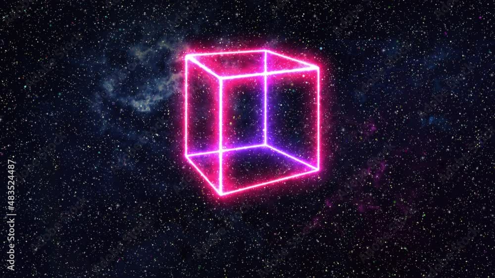Neon cube of energy field lines in the starry sky spinning around ...