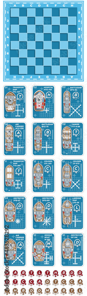 A set of stylized chess on a marine theme with cards of ships. Isolated ...