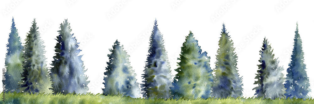 watercolor drawing summer landscape with trees silhouettes at white ...