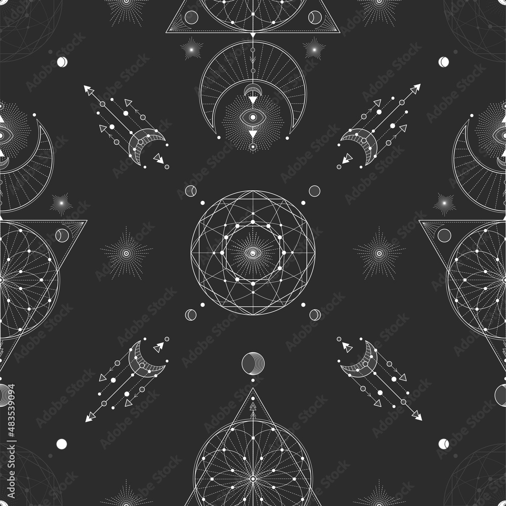 Seamless pattern with sacred geometric symbols. Background with magical ...