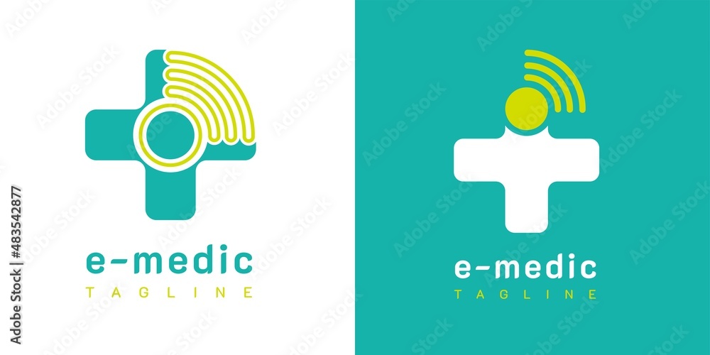 Online Medic. E Medic Logo. With plus, cross, and signal icon. On blue ...