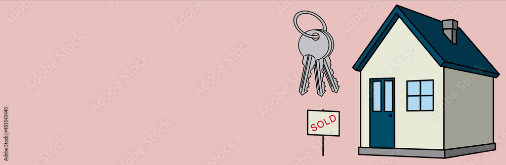 Cartoon style house sold. House with keys. Horizontal banner with text ...