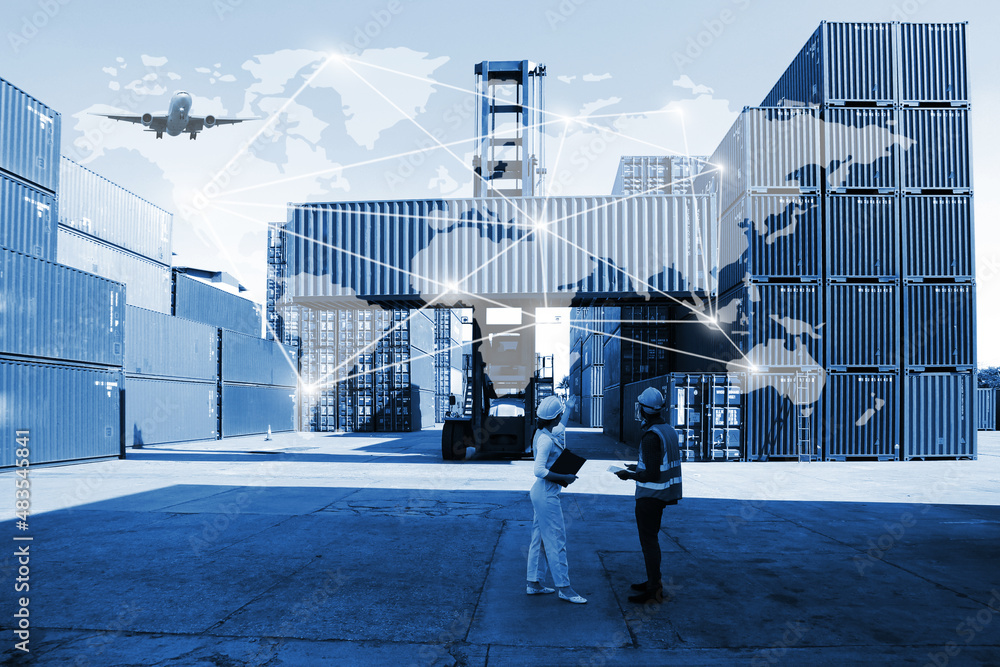 Double exposure of delivery industry and logistics concept container ...