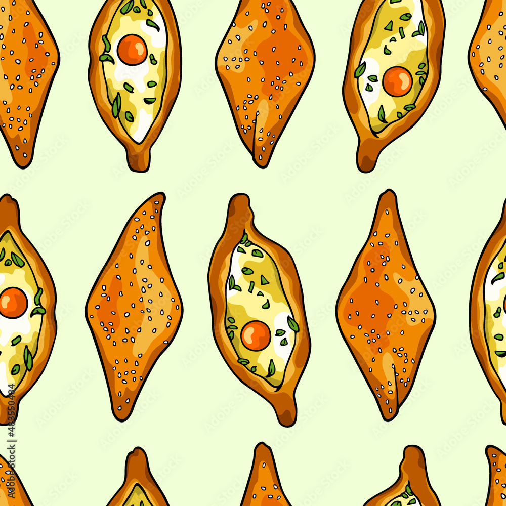 Vector seamless pattern with hand drawn traditional Georgian cheese bread and Iraqi flatbread ...