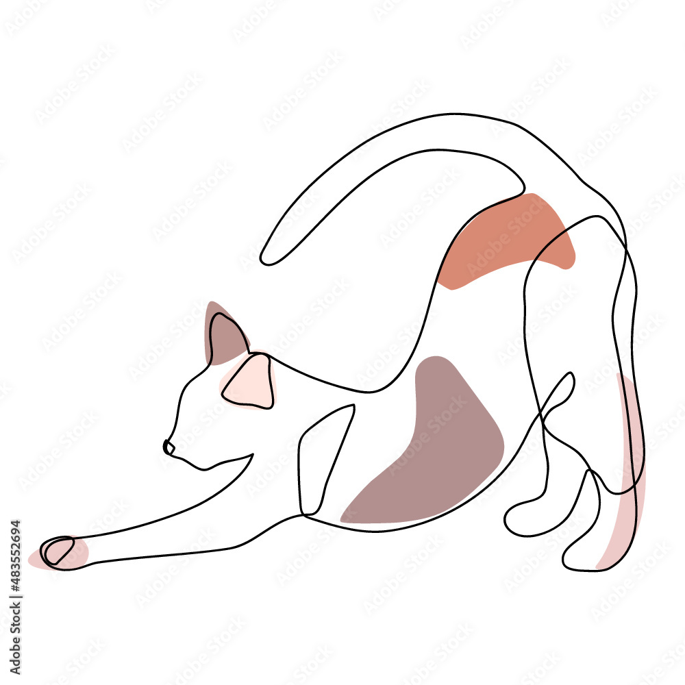 continuous line art cat stretch love vector with pastel vintage ...