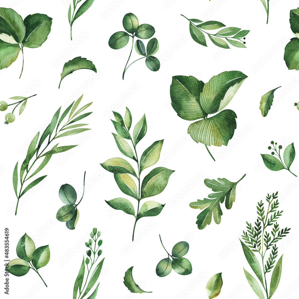 Watercolor Greenery seamless texture with fern,herb,leaves,branches ...