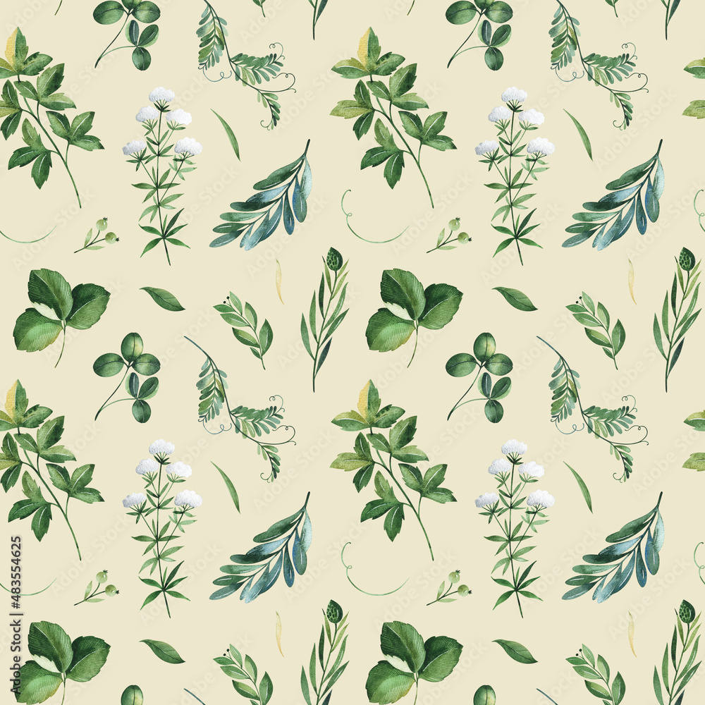 Watercolor Greenery seamless texture with fern,herb,leaves,branches ...