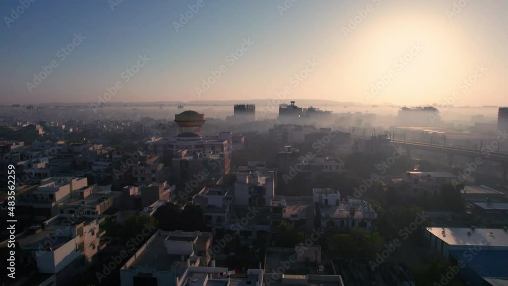 360 degree panning shot showing fog smog covered gurgaon jaipur city in ...