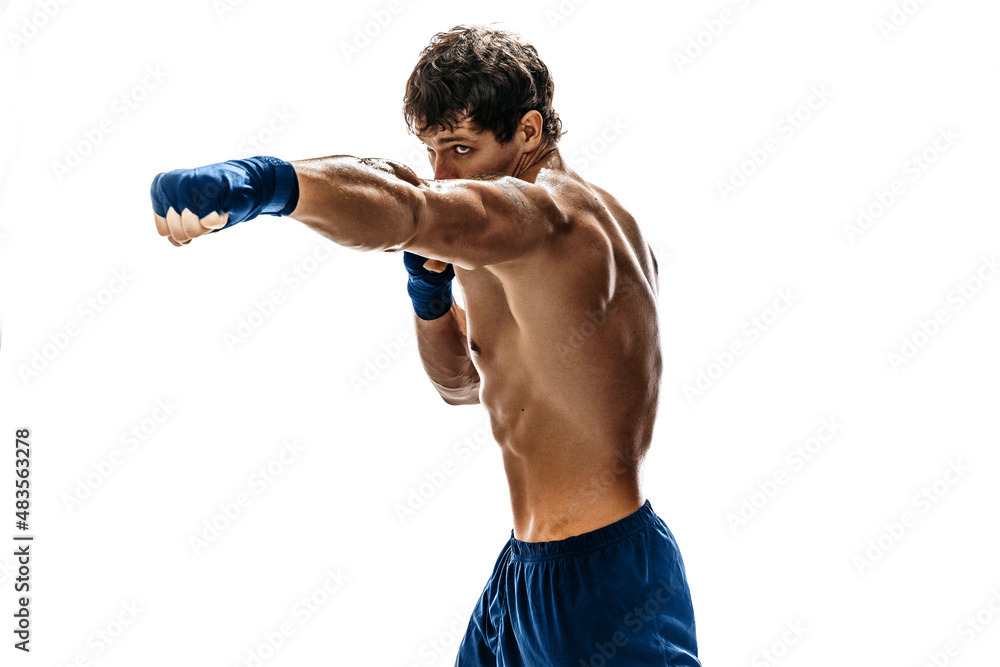 Side view of boxer who training and practicing jab on white background ...