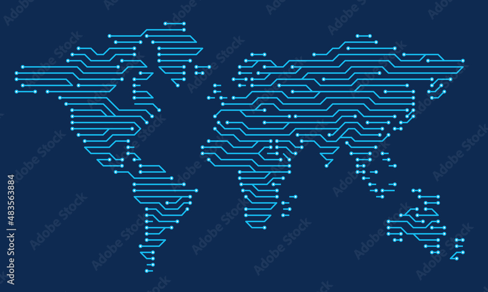 World map in the form of a microcircuit. Electronic continents ...