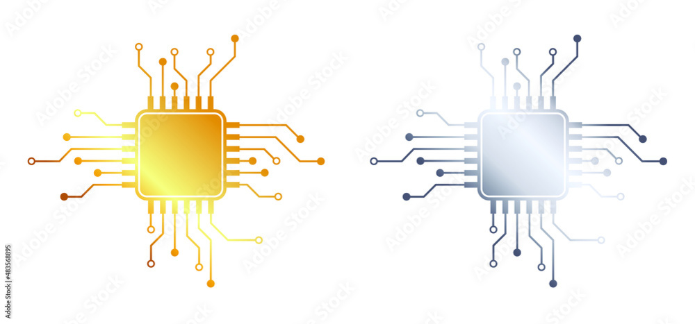 Gold, silver, Circuit board or electronic motherboard. lines and dots ...