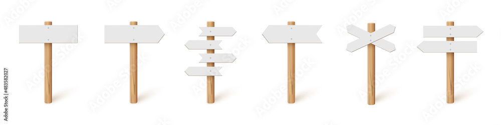 3d wooden sign post set, realistic blank signboard on road for pointing ...