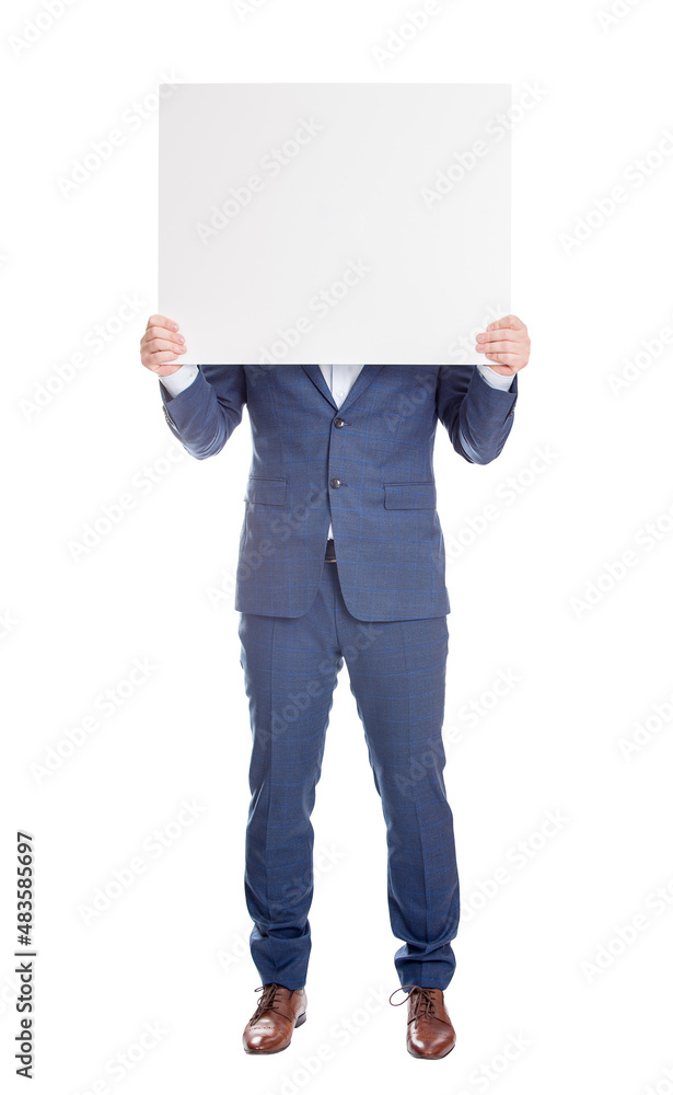 Anonymous businessman covering head with a blank banner, like a mask to ...
