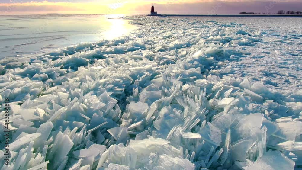Broken jagged ice after an ice shove. Ice shoves are caused by high ...