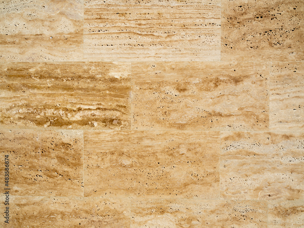 Yellow travertine stone tiles wall texture background Stock Photo ...