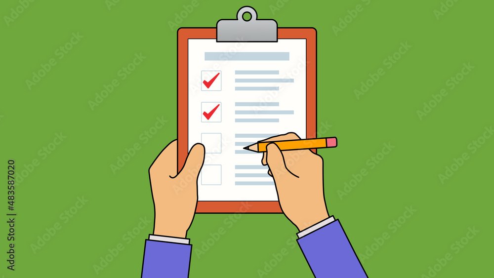 Cartoon hands with a pencil holding clipboard white paper checklist ...